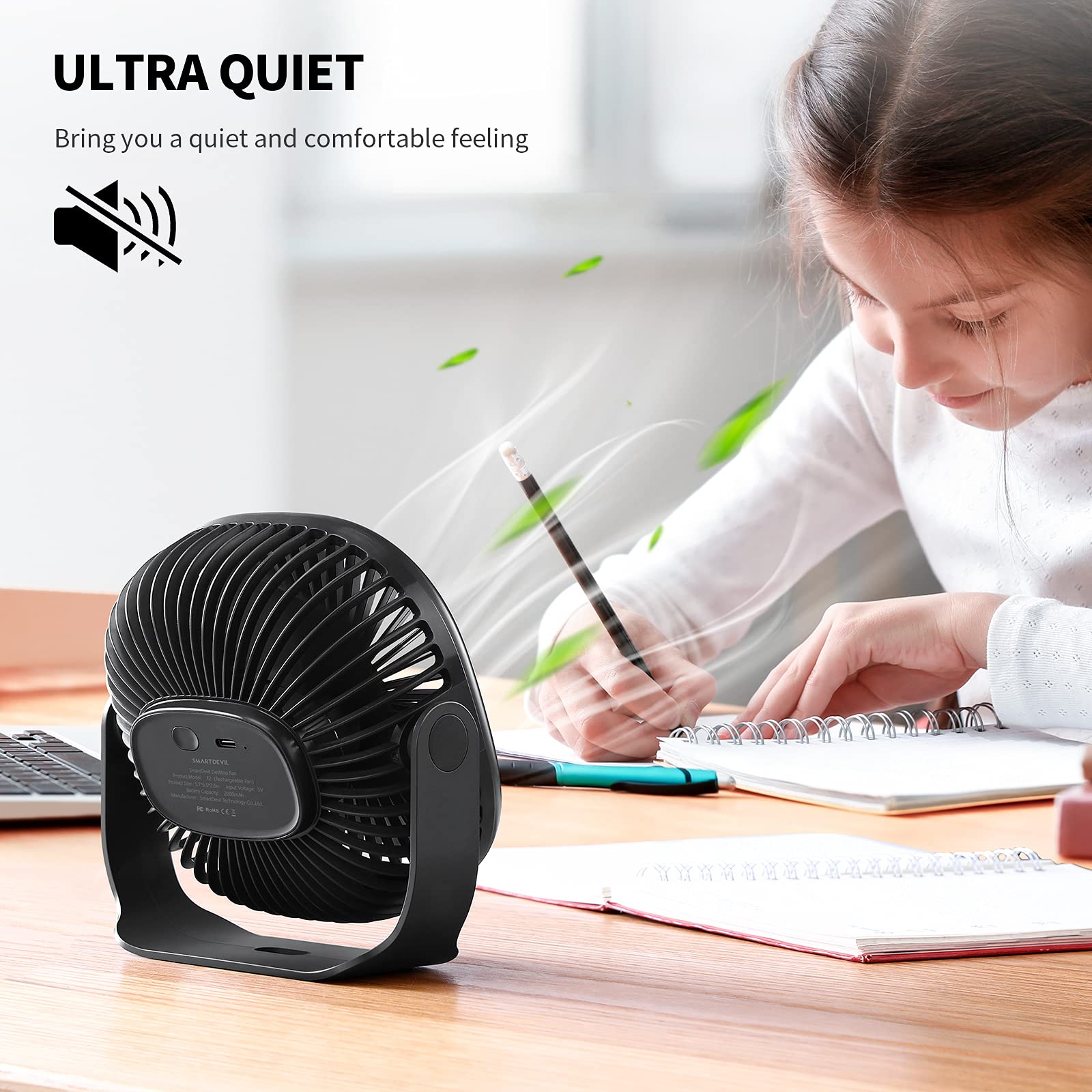 SMARTDEVIL Small Rechargeable Desk Fan, 3 Speeds 2000mAh Portable Personal Battery Operated Desktop Fan with Pasteable Hook, Dual 360° Adjustment Quiet Table Fan, for Home Office Outdoor (Black)