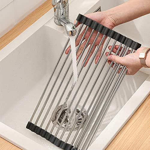 MGahyi Roll Up Dish Drying Rack, Over The Sink Drying Rack, Multipurpose 304 Stainless Steel Silicone Wrapped Steel Roll-Up , Folding Dish Rack for Kitchen Sink (Black, 17.3" x 13" )