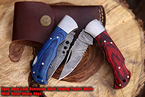 Handmade Damascus pocket knife for men with leather sheath | 2 Pcs Tactical Folding Pocket knife Set with Back Lock | Best Edc Bushcraft knifes for Fishing, Camping, Hiking | Damascus steel Blade Foldable hunting Belt knife with Horizontal Carry sheath |