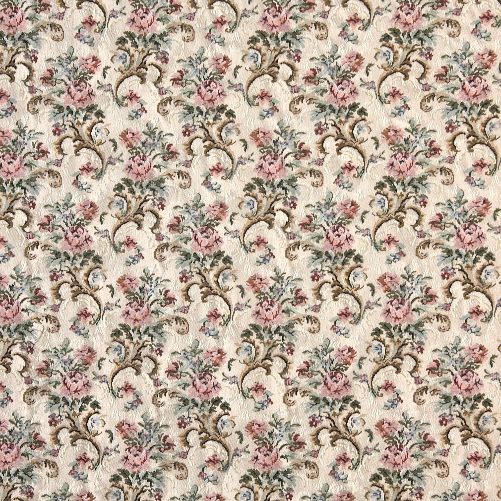 H858 Pink Beige and Green Floral Tapestry Upholstery Fabric by The Yard