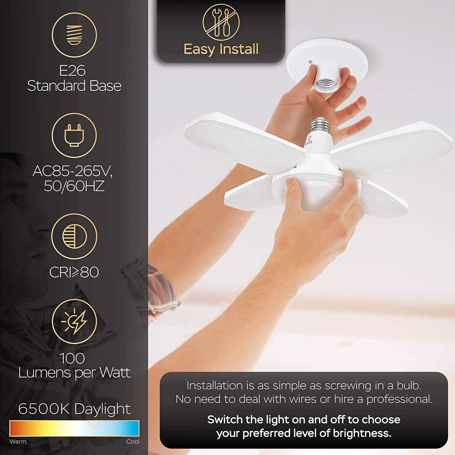 LED Garage Light 2 Pack 60W E26/E27 6000LM Deformable Ceiling Trilights LED Lights 6500K Daylight White Garage LED Bulb with 4 Adjustable LED Panels, Bay Lights for Warehouse Workshop Basement Barn