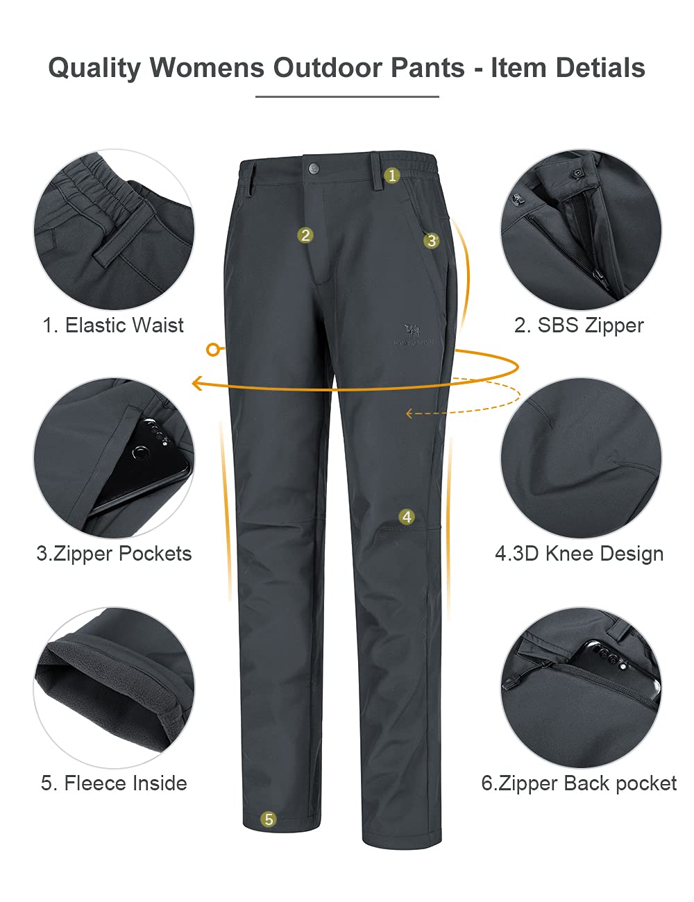 CAMEL CROWN Womens Waterproof Softshell Fleece Lined Pants Warm Windproof Ski Snow Insulated Hiking Hunting Trousers