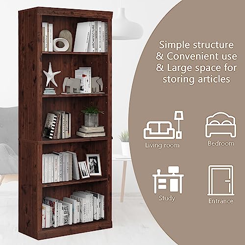 LYNSLIMÂ Wooden Bookcase, 5-Shelf Free Standing Bookcase for Home Office Living Room Open Display Organizer Storage Bookshelf, Oak Finish Decor Furniture (Brown)