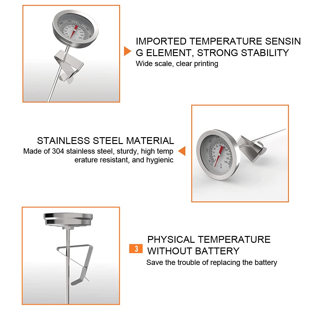 Deep Fry Thermometer Mechanical Meat Thermometer for Deep Fry, Grilling Dial Thermometer Stainless Steel Stem Meat Cooking Thermometer with Adjustable Pot Clip(Size:200 mm)