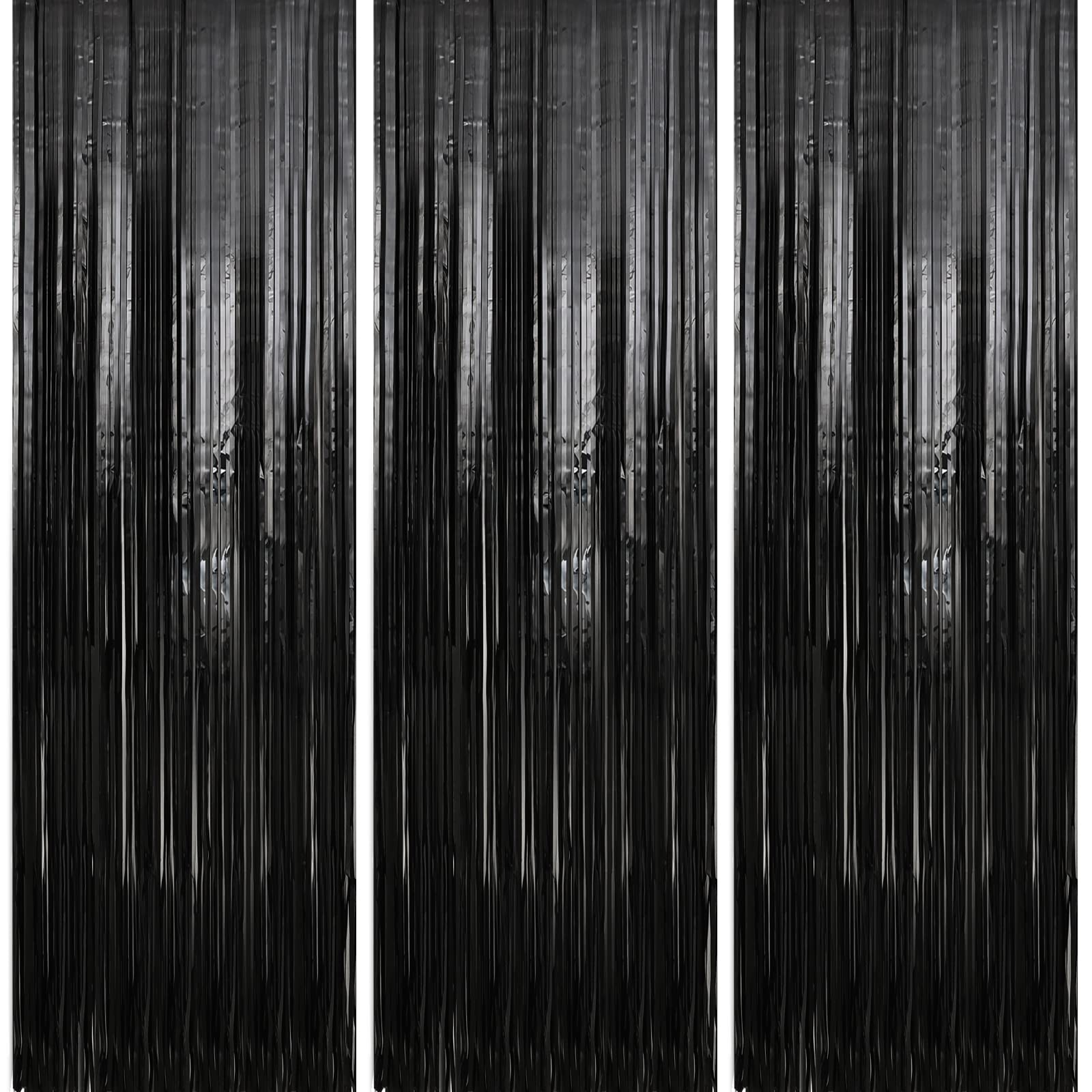 Crosize 3 Pack 3.3 x 9.9 ft Black Foil Fringe Backdrop Streamer Curtains, Birthday Party Decorations, Tinsel Curtain for Parties, Photo Booth Backdrops, Party Decor