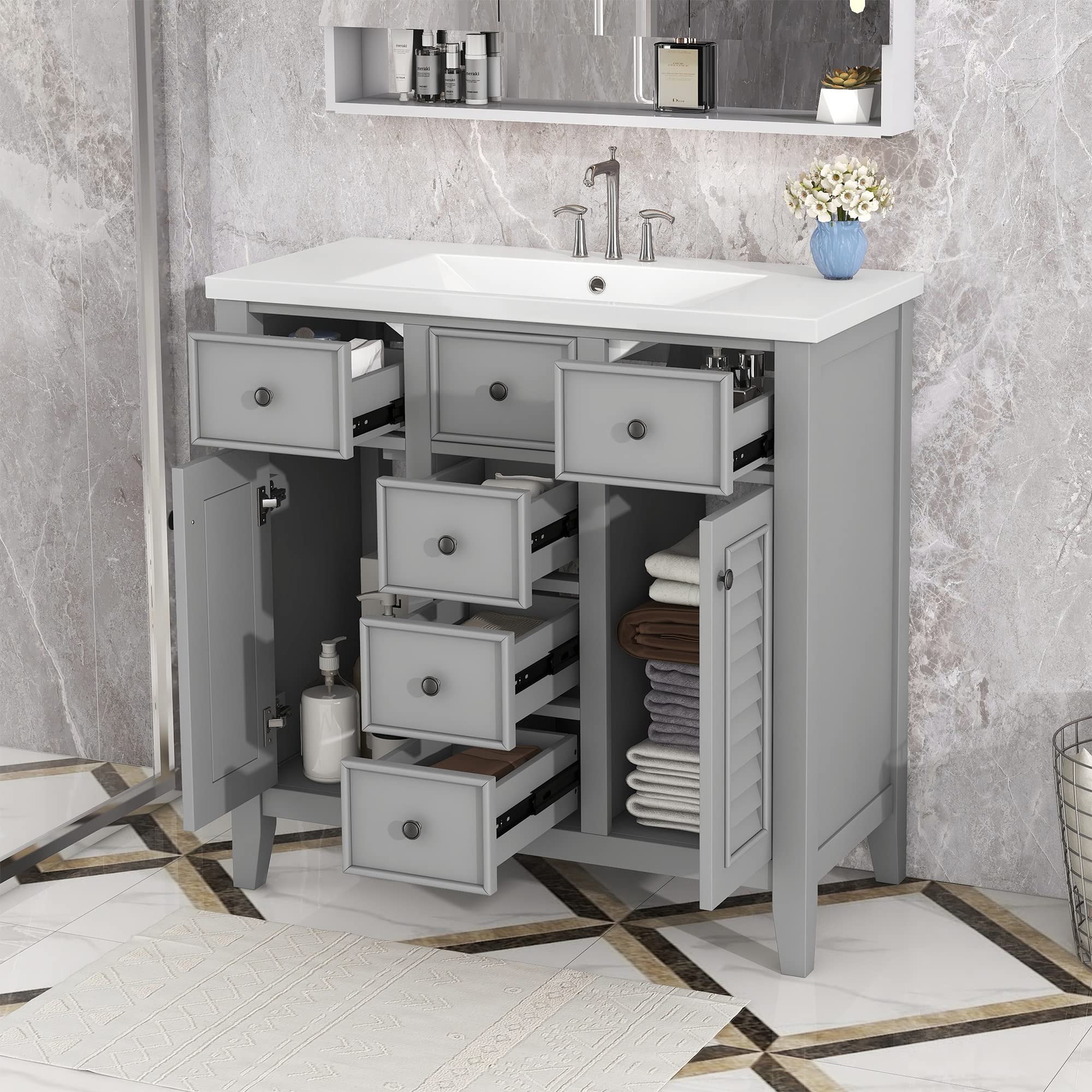 Entcook 36" Bathroom Vanity with Top and Sink, Single Vanity with 2 Cabinets and Five Drawers, Solid Wood Frame, Solid Wood Bathroom Cabinet with Ceramic Sink