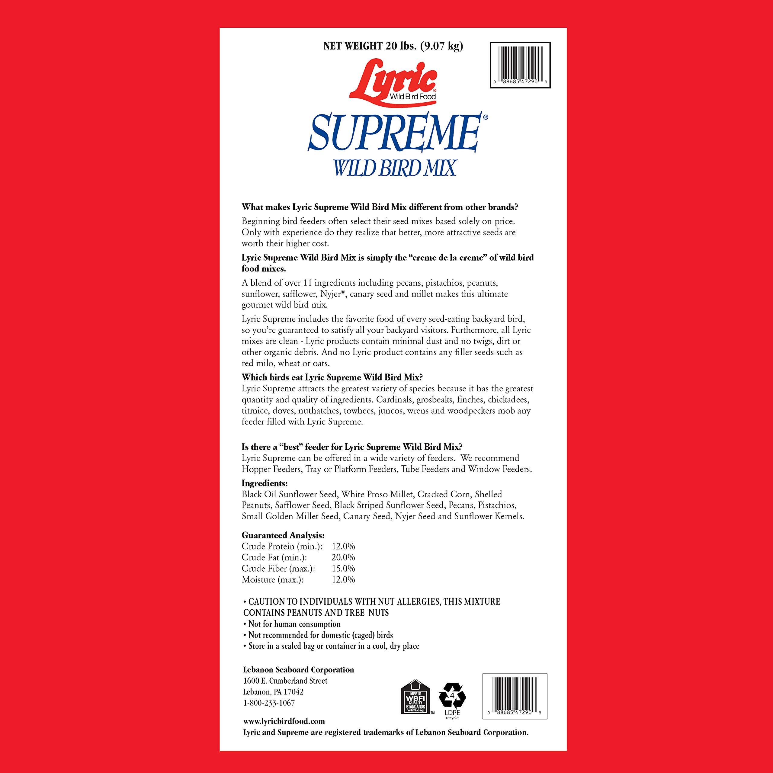 Lyric Supreme Wild Bird Seed, Wild Bird Food Mix with Nuts and Sunflower Seeds, 20 lb. Bag