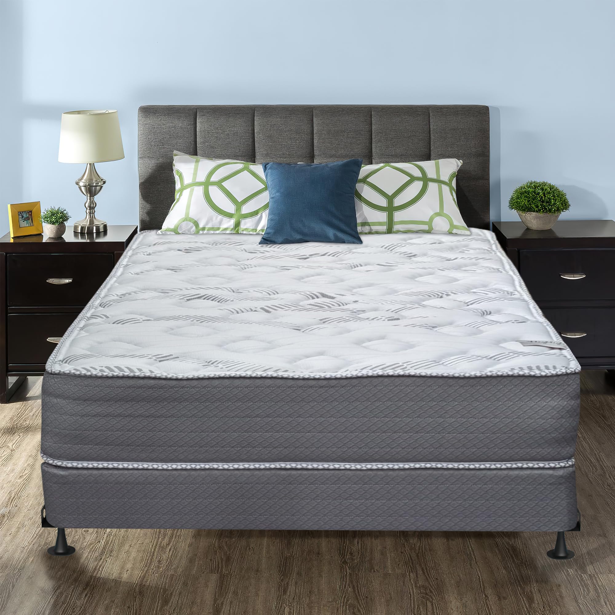 Greaton 14-Inch Firm Double sided Tight top Innerspring Mattress And 4" Wood Traditional Box Spring/Foundation Set With Frame, Twin XL, Mink