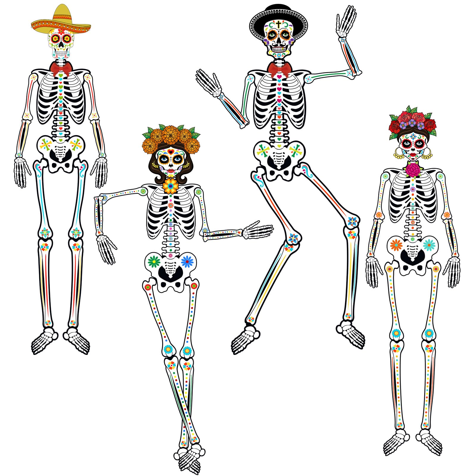 Fjoron 4 PCS Large Day of the Dead Jointed Skeletons Hanging Decorations Vintage Halloween Skeleton Decor for Day of the Dead Halloween Wall Window Door Hanging Decor