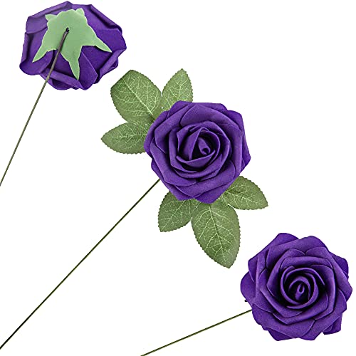 Lansdowns Artificial Flower Foam Rose 25pcs Real Looking Fake Rose with Stems Leaves for Home Decoration Party Garden Centerpieces DIY Wedding Bouquets(Purple)