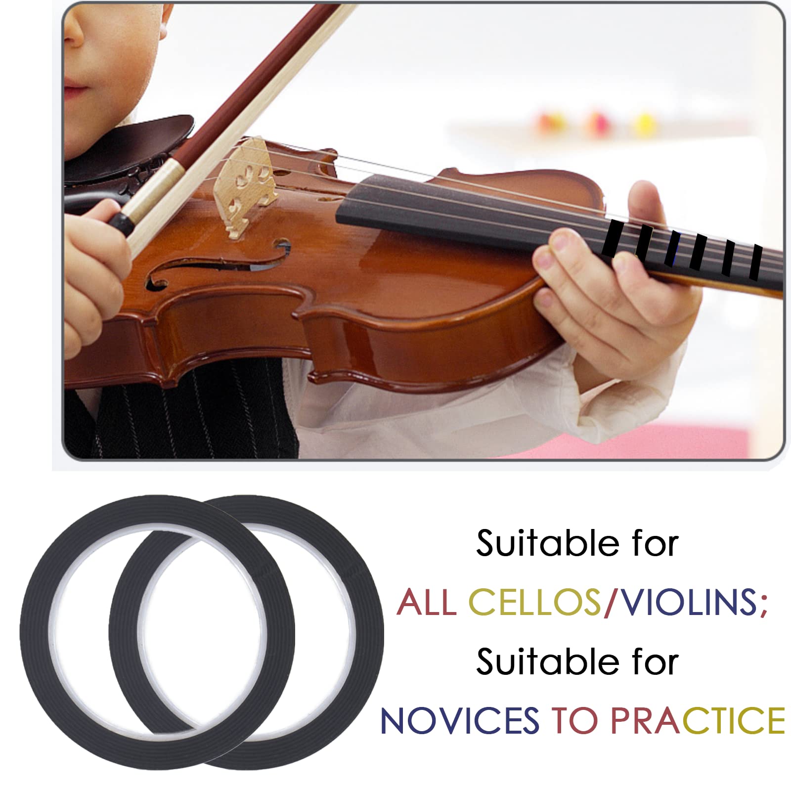 Cheerock 2pcs Black Violin Fingerboard Tape, 216 Ft Violin Finger Tape Stickers, Violin Finger Guide Note, Black Tape for Cello Viola Fingerboard, Suitable for Beginners, Learning Tone Mark