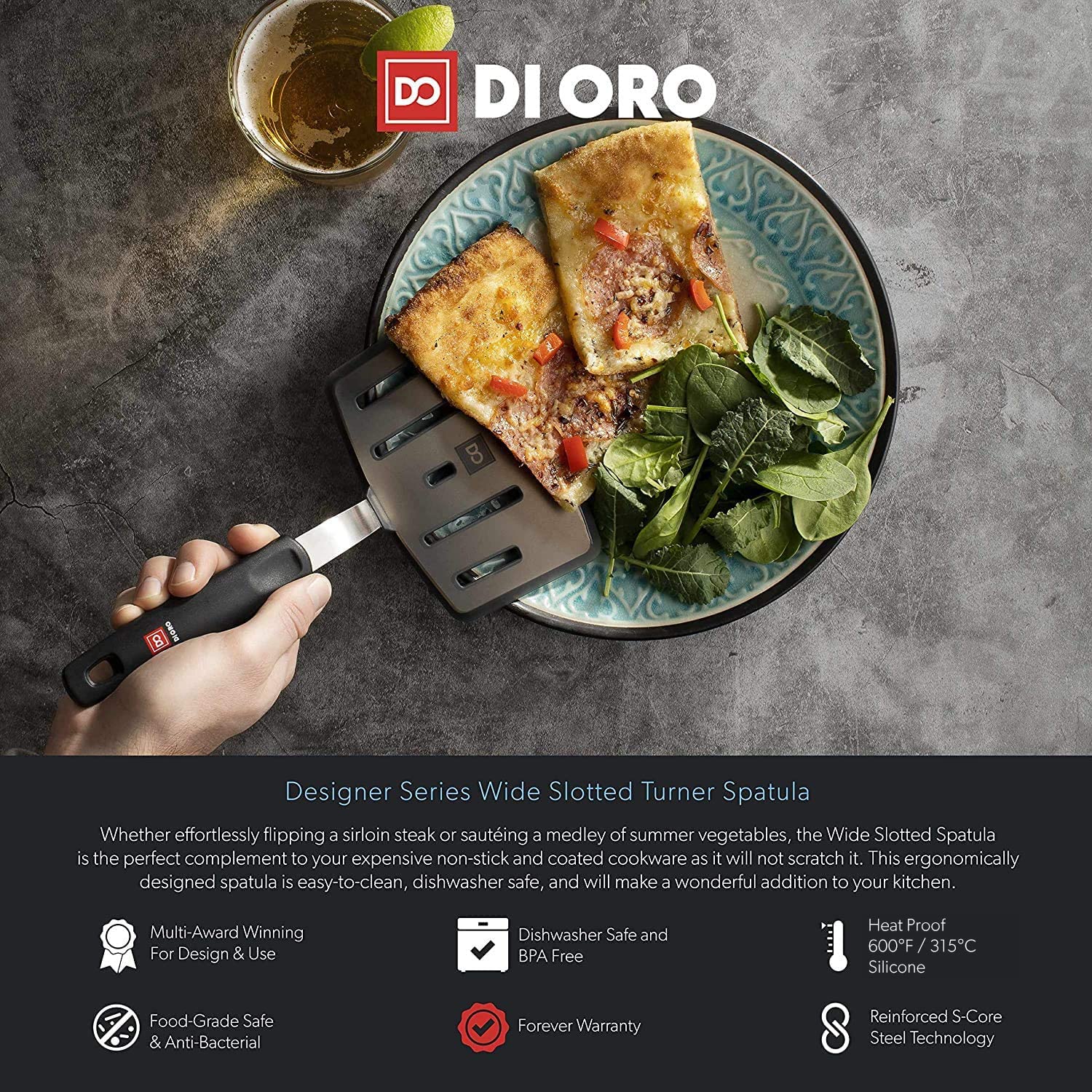 DI ORO Designer Series Wide Slotted Turner Spatula - Features 600F Heat-Resistant No-Melt Rubber Spatula Handle and Blade - Silicone Kitchen Spatula for Cooking or Baking - Dishwasher Safe
