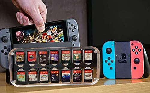 X-Richmen 14 in 1 Game Card Case for Nintendo Switch Acrylic Storage Box Transparent Display Cabinet of Switch Game Card Cartridge, Gift Box of Mario Mushroom Red and Blue Thumb Grip 2PCS