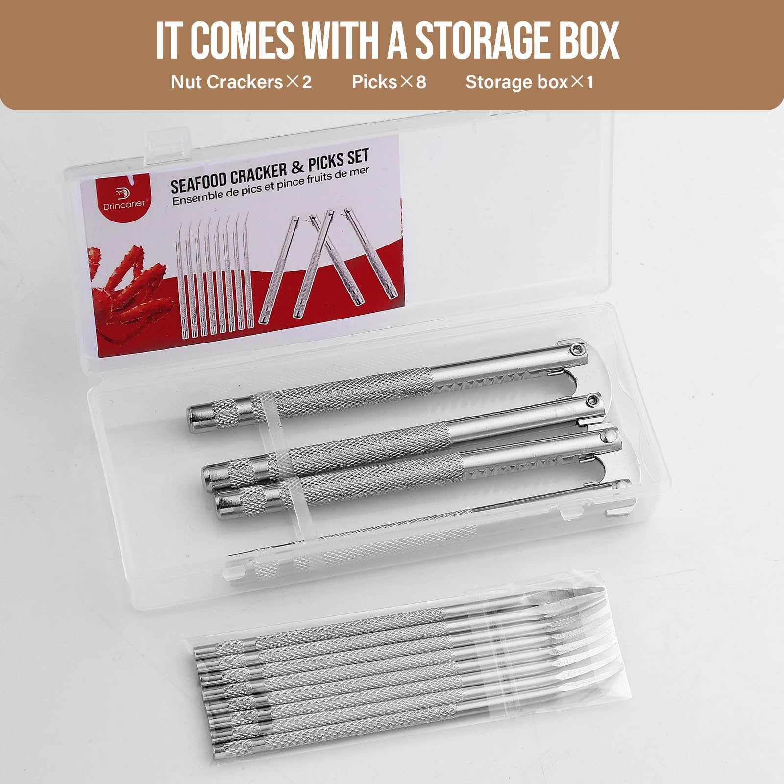Drincarier Lobster Crackers and Picks Set, 10-Piece Crab Leg Cracker Tools - Stainless Steel Seafood Crackers & Forks Nut Cracker Set - Dishwasher Safe