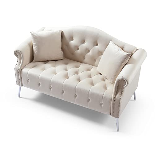 Homtique Velvet Loveseat Sofa for Living Room, Mid Century Modern Sofa Upholstered Button Tufted Rolled Arms and Metal Legs, 59.4" Small Sofa Couches for Small Spaces with 2 Pillows for Bedroom(Beige)