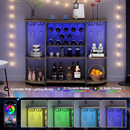 Logianis Wine Rack Table with Outlet and LED Light 47.3 Inch FreeStanding Wine Bar Rack Wooden Rustic Wine Storage with Wine Shelf and Glass Holder Wine Bar Cabinet Rustic Brown