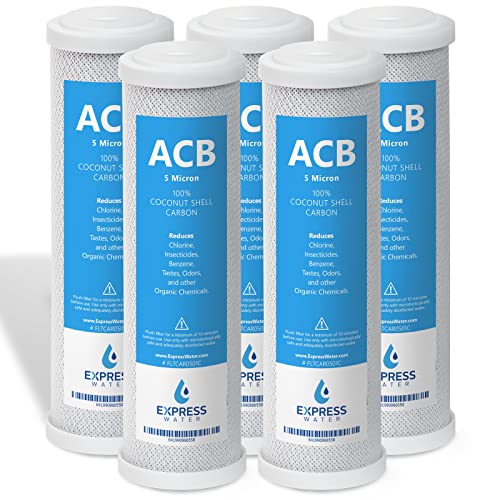 Express Water - FLTCAR0505C – 5 Pack Activated Carbon Block ACB Water Filter Replacement – 5 Micron, 10 inch Filter – Under Sink and Reverse Osmosis System