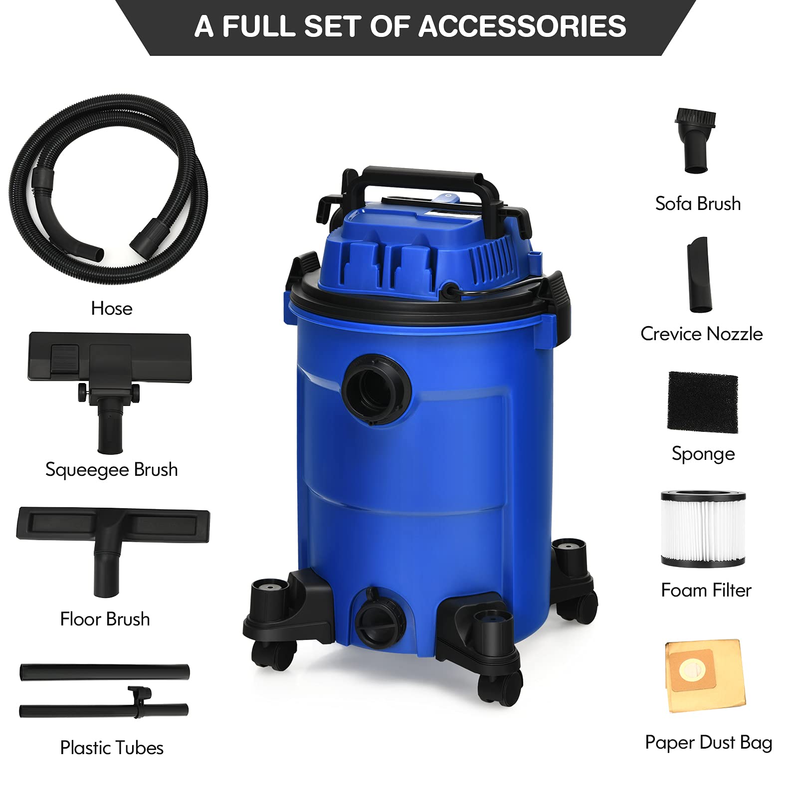 COSTWAY 3-in-1 Wet/Dry Vacuum Cleaner with Blower Function, 6.6 Gallon 4.8 Peak HP Vacuum with Safety Protection, Portable Shop Vacuum Cleaner for Workshop, Car, Garage, Home, 1200W (Blue)