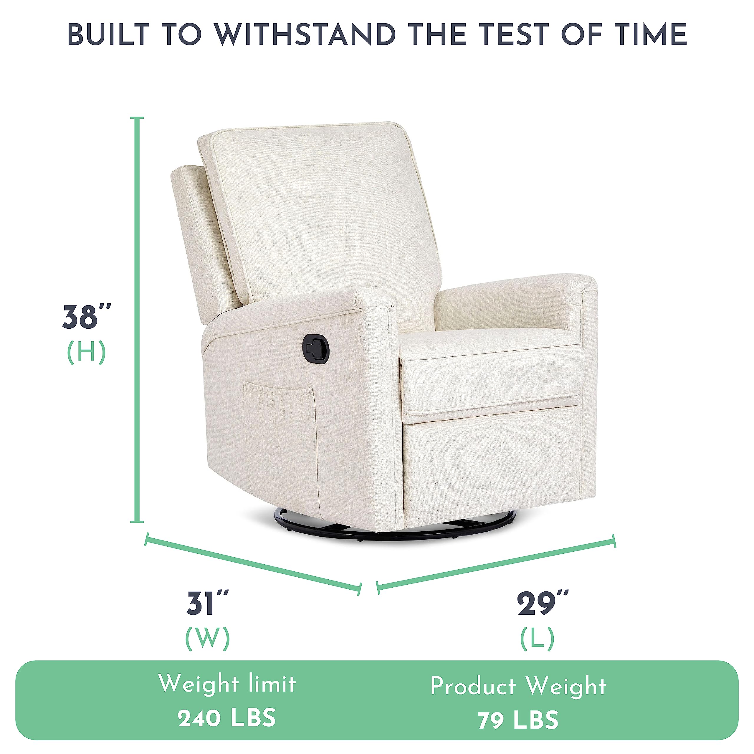 Evolur Beau Upholstered Seating Glider Swivel in Sweet Cream, Greenguard Gold Certified Modern Nursery Recliner with Side Pockets, Tool-Free Assembly, Easy to Clean
