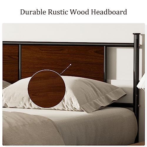 HAOARA Queen Size Bed Frame with Rustic Wood Headboard, Metal Heavy Duty Platform Frame, Sturdy Steel Slat Support, No Box Spring Needed, Black