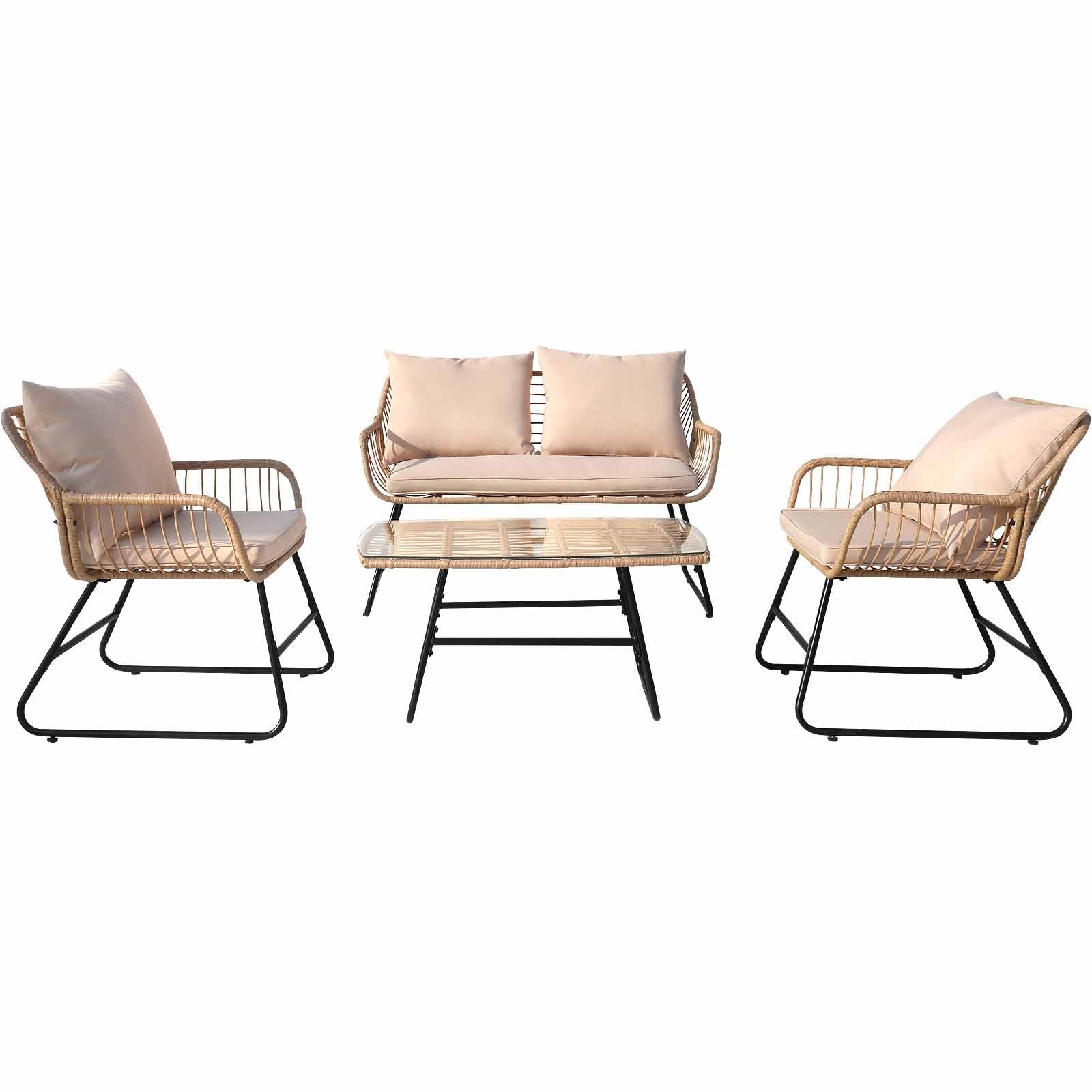 FKSLIFE Outdoor Wicker Patio Conversation Set, All-Weather Rattan Conversation Chairs for Backyard, Balcony, Deck ,Porch ,with Soft Cushions (Beige+Beige, 4-Piece Set)