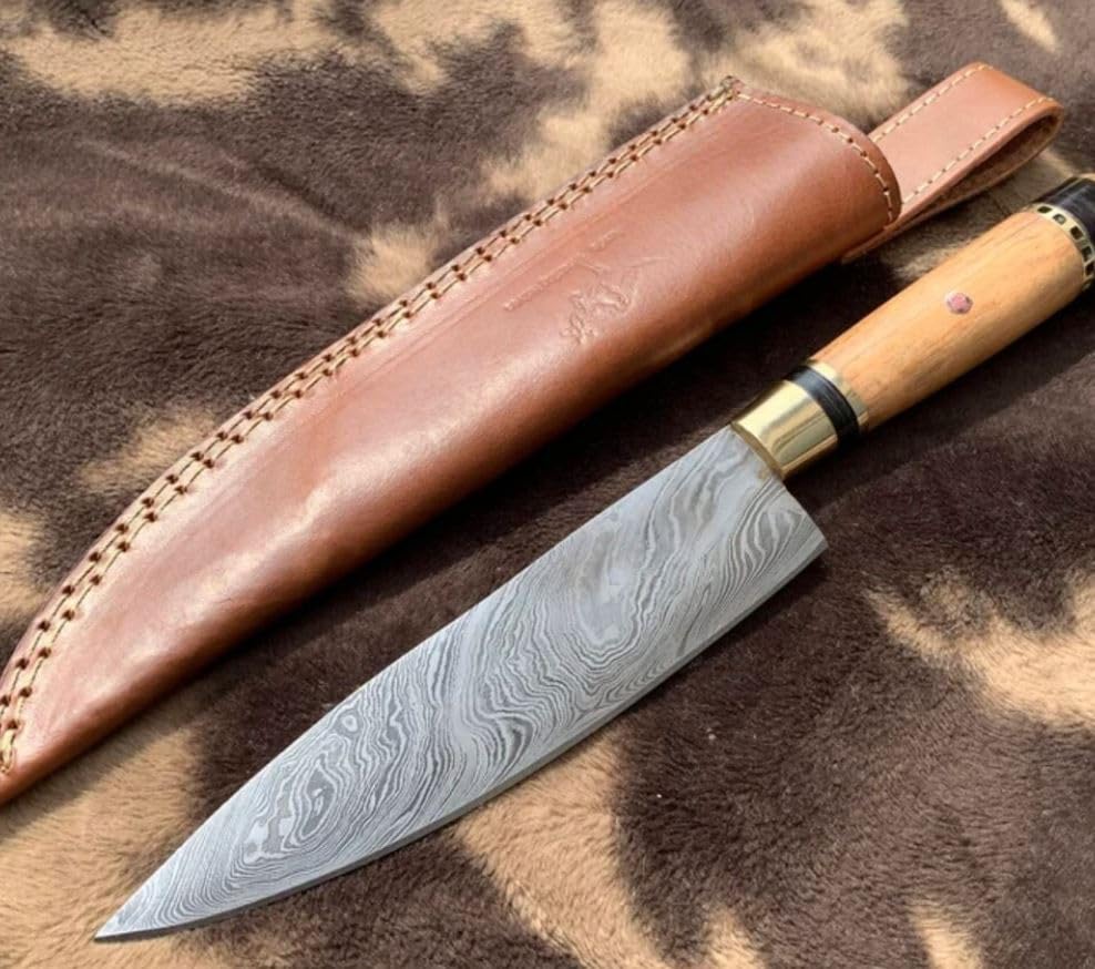 Chef Knife Flat Handle Damascus Steel Blade 12Inc Black Exotic wood scale