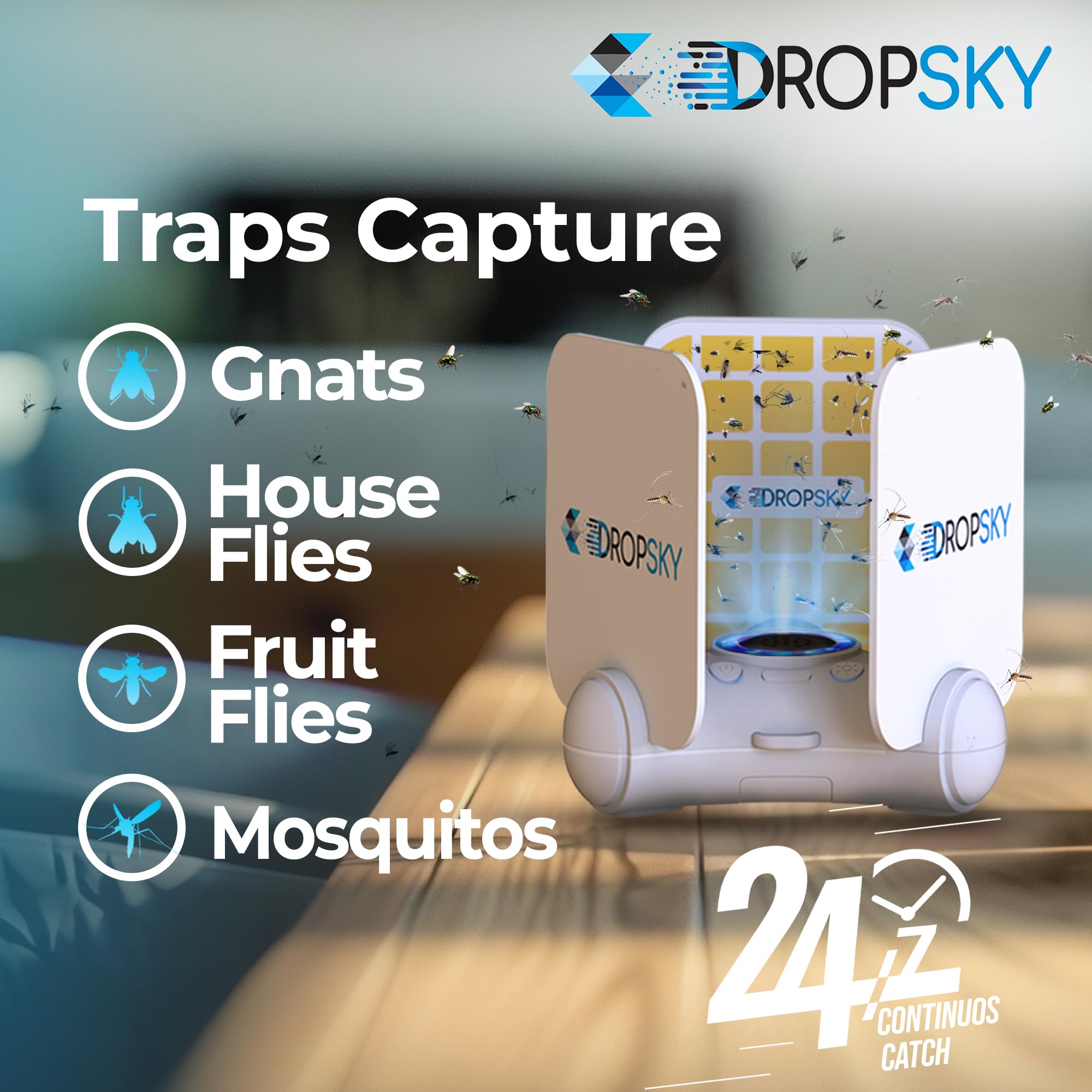 Dropsky 360 Portable Flying Insect Trap, Gnat Traps for House Indoor & Outdoor- Higher Coverage Blue Light Fly Trap- Get Rid of Flies- Safe for Pets & Kids- Fly Trap + 3 Glue Cards+ USB+Cable Charger