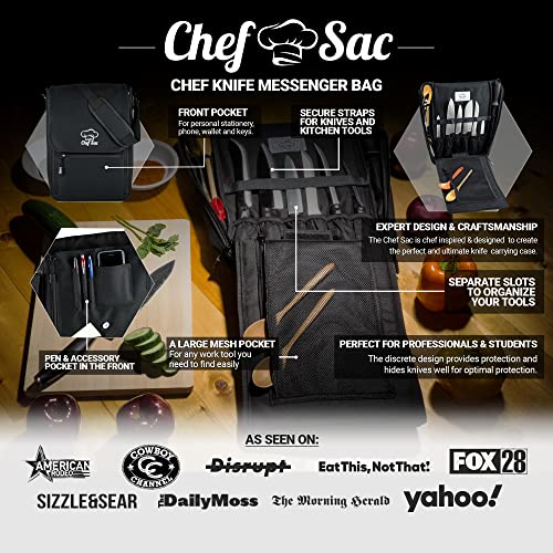 Chef Knife Bag Messenger Bag | 6+ Pockets for Knives & Kitchen Utensils | Adjustable Padded Chef Bag | Special Slots for Honing Rod | Great Gift for Executive Chefs & Culinary Students (Black)