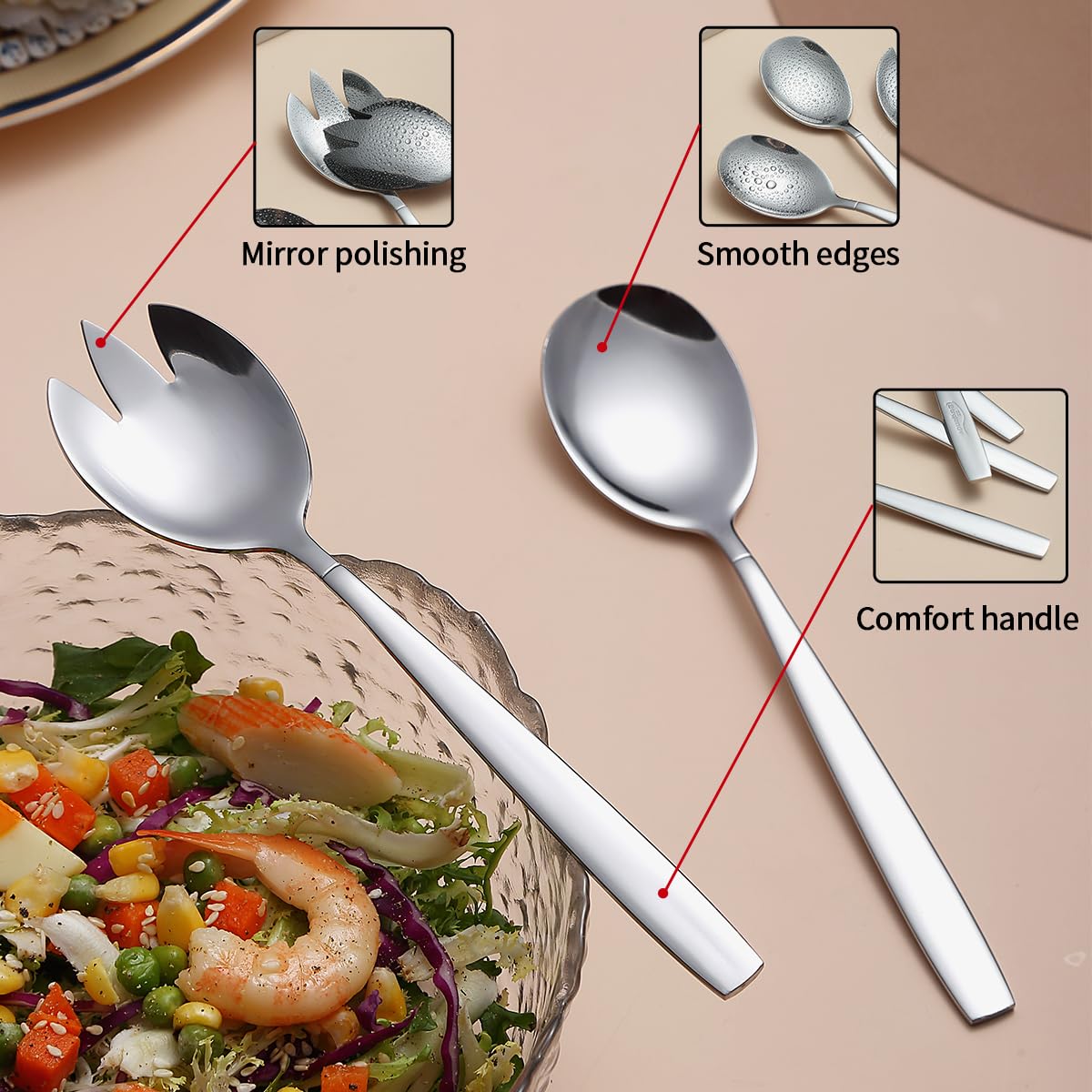 Evanda Salad Server Set 4 Pieces, Stainless Steel Salad Serving Set, Salad Spoon, Salad Servers, Salad Fork, Dishwasher Safe