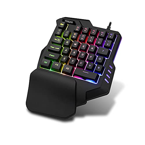 CHUYI One-Handed Ergonomic Gaming Keyboard RGB LED Backlit 35 Keys Portable Mini Professional Single Hand Wired Keypad for Game with Palm Rest (Black)