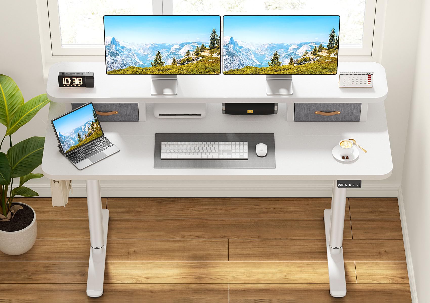 Flycity Electric Standing Desk with Dual Drawers, 55" x 24" Height Adjustable Desk Sit Stand Desk with Memory Controller, Casters & 2 Hooks, Ergonomic Low Noise Home Office Desk, White