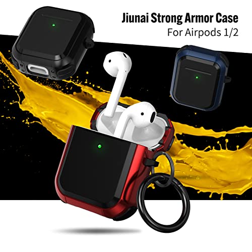 Jiunai for AirPods Case AirPods 2 Case with Keychain Protective Shockproof Full Body Armor Thick Wireless Charge Supported Cool Case with Carabiner for AirPods 1st & 2nd Gen LED Visible Black Red