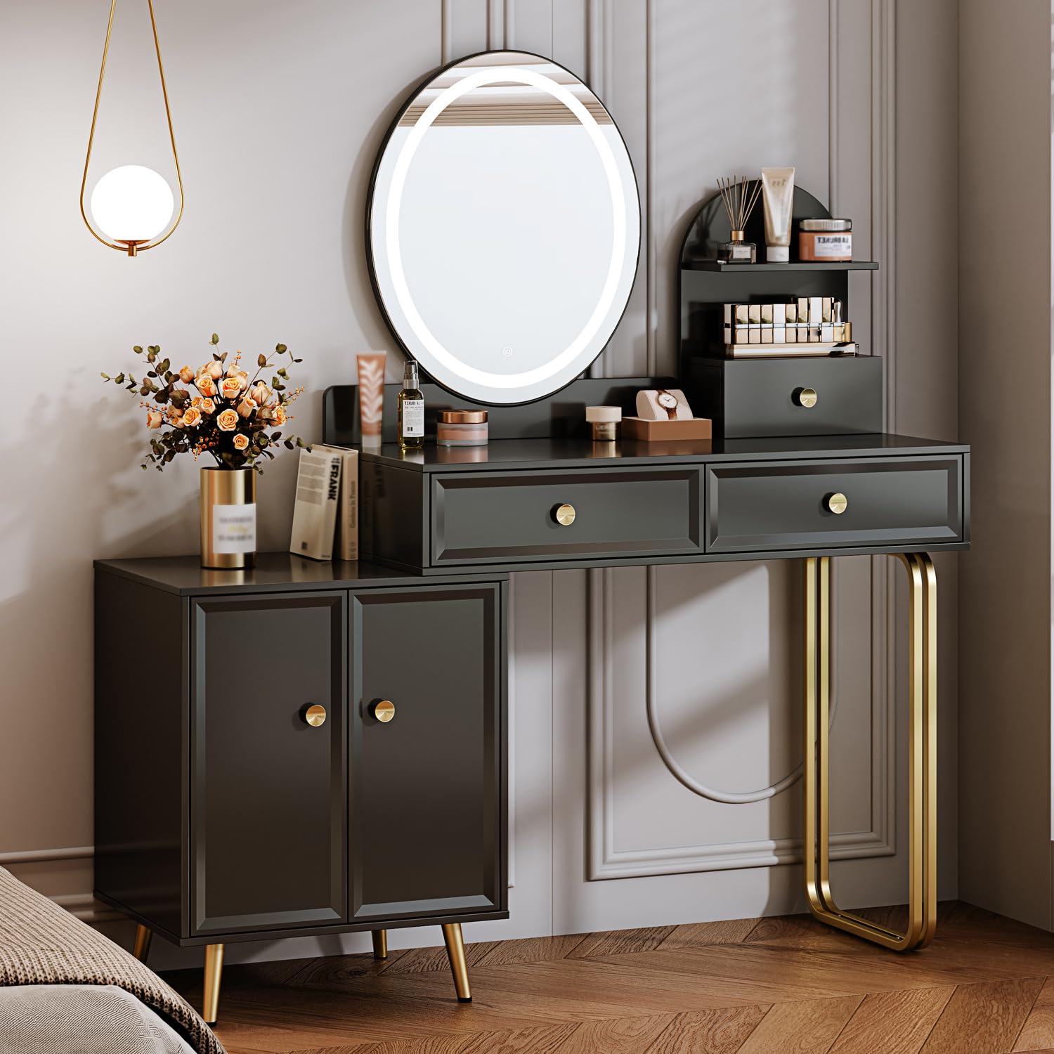 Black Modern Vanity Desk,Retractable Makeup Vanity,with LDE Mirror and 2 Spacious Drawers,Makeup Desk with Cabinet,Dressing Table with 3 Sections Silent Drawer Slides,Writing Desk