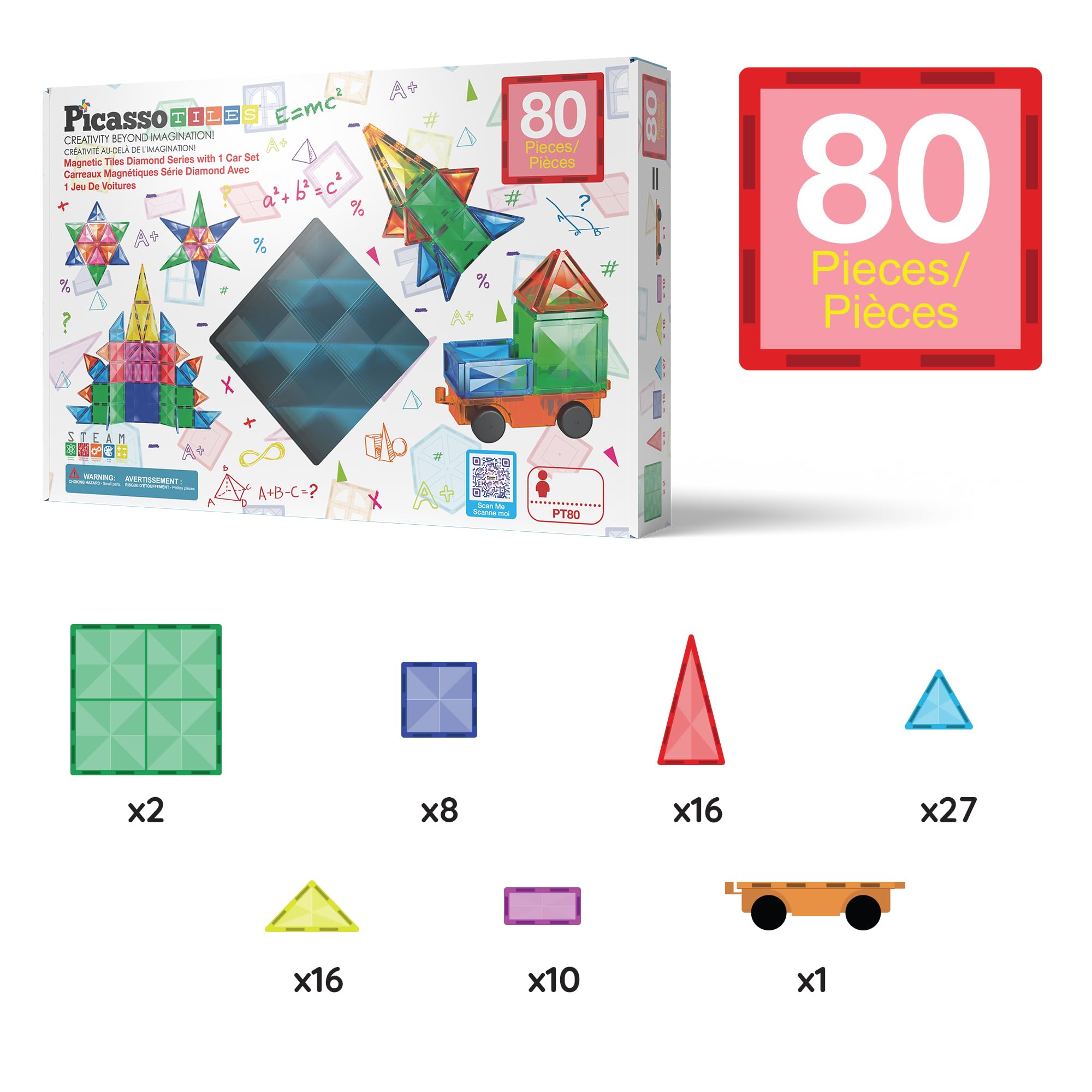 PicassoTiles 80 Pieces Magnetic Building Tiles Magnet Toys Diamond Educational Playset for STEM Sensory Gifts Kid Brain Development Stacking Blocks Construction Set
