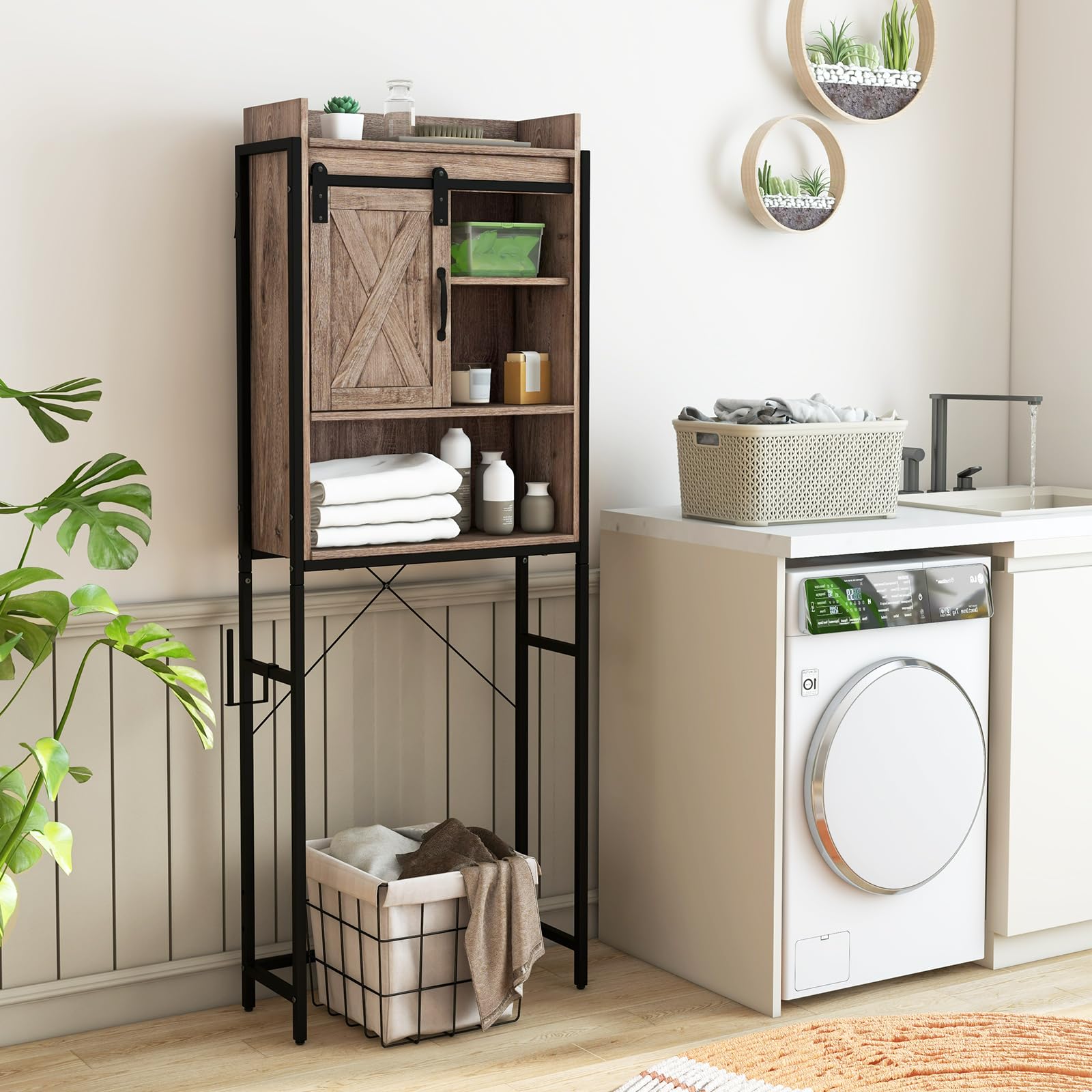 Giantex Over The Toilet Storage Cabinet - Freestanding Bathroom Organizer Rack with Adjustable Shelf, Sliding Barn Door, Paper Holder, Bathroom Space Saver, Above Toilet Storage Cabinet (Grey)