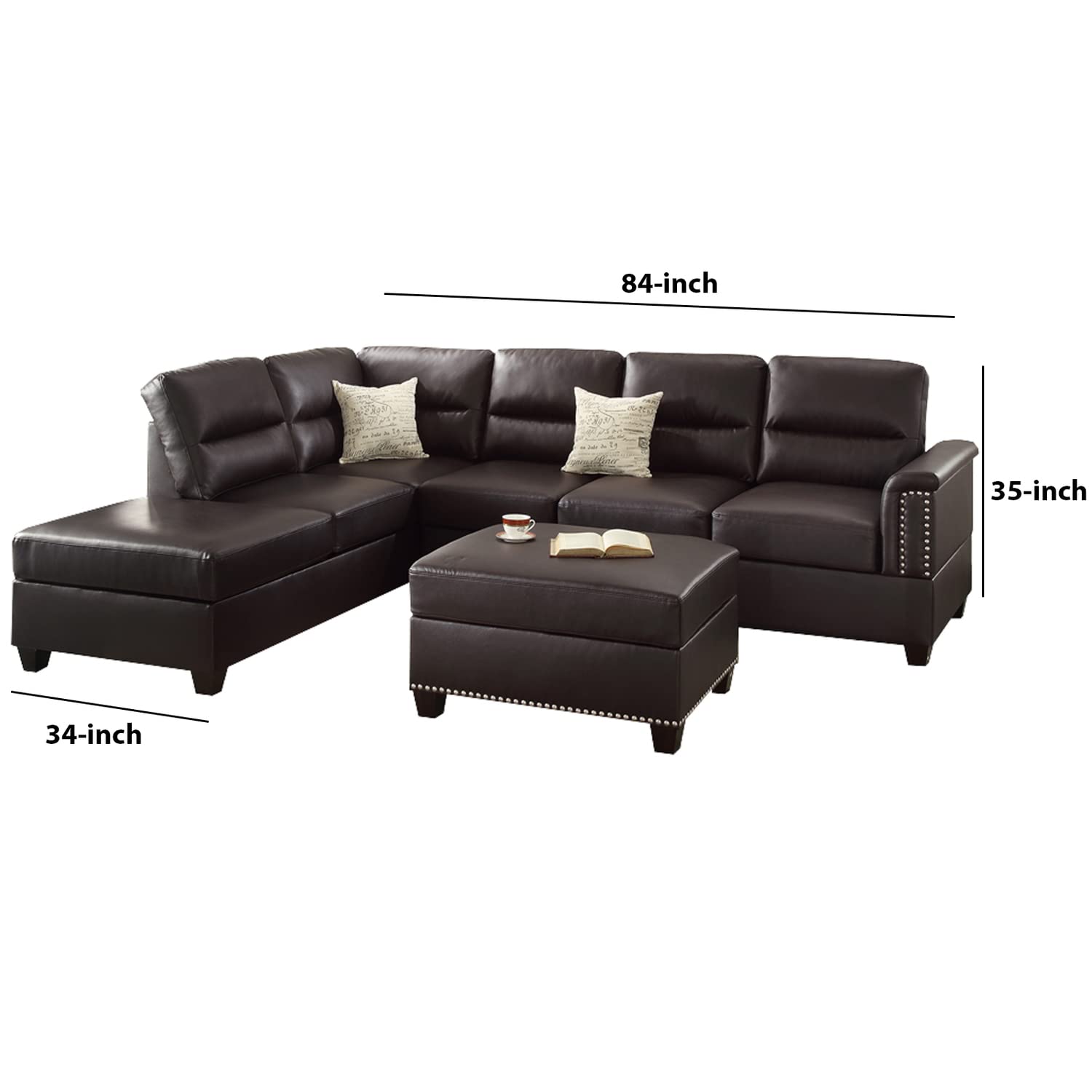 Benjara Bonded Leather Sectional Sofa With Ottoman, Brown/Espresso