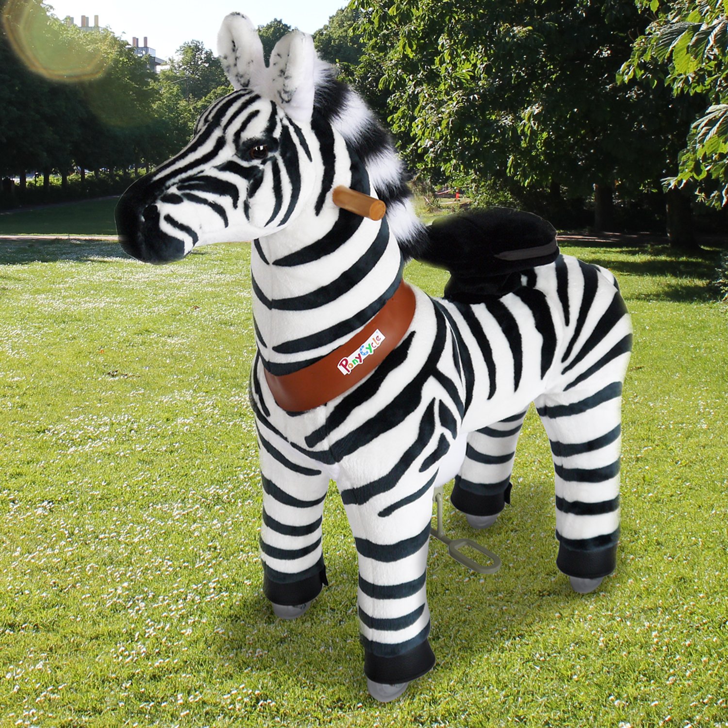 PonyCycle Ride-On Zebra with Brake & Pedal Pad Mechanical Horse Toy Classic Model U Giddy up Pony Plush Walking Animal Size 3 for Age 3-5 Years - Ux368 with White Pedal Pad.