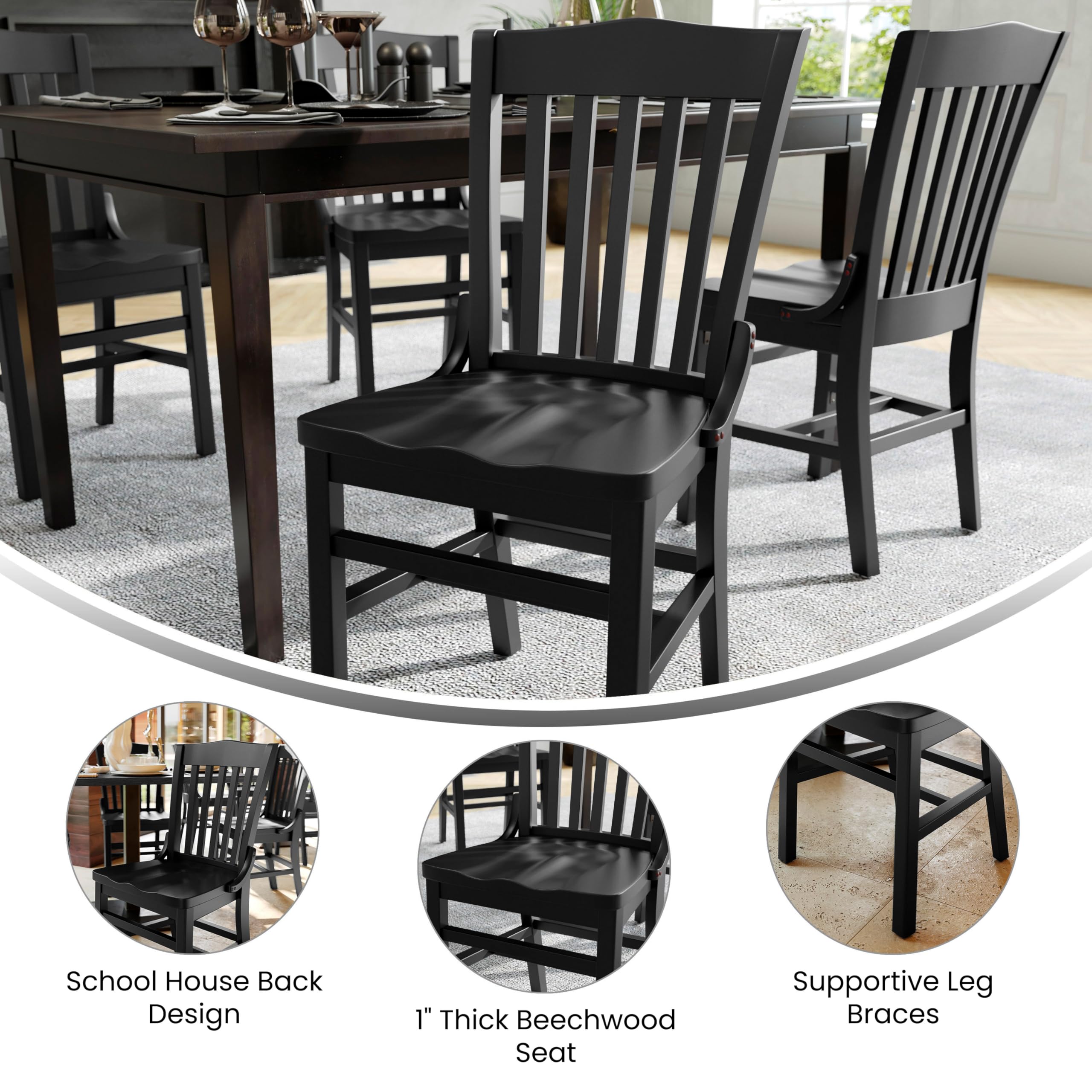 Flash Furniture Hercules School House Back Metal Restaurant Chair - Black Wood Seat - Black Frame