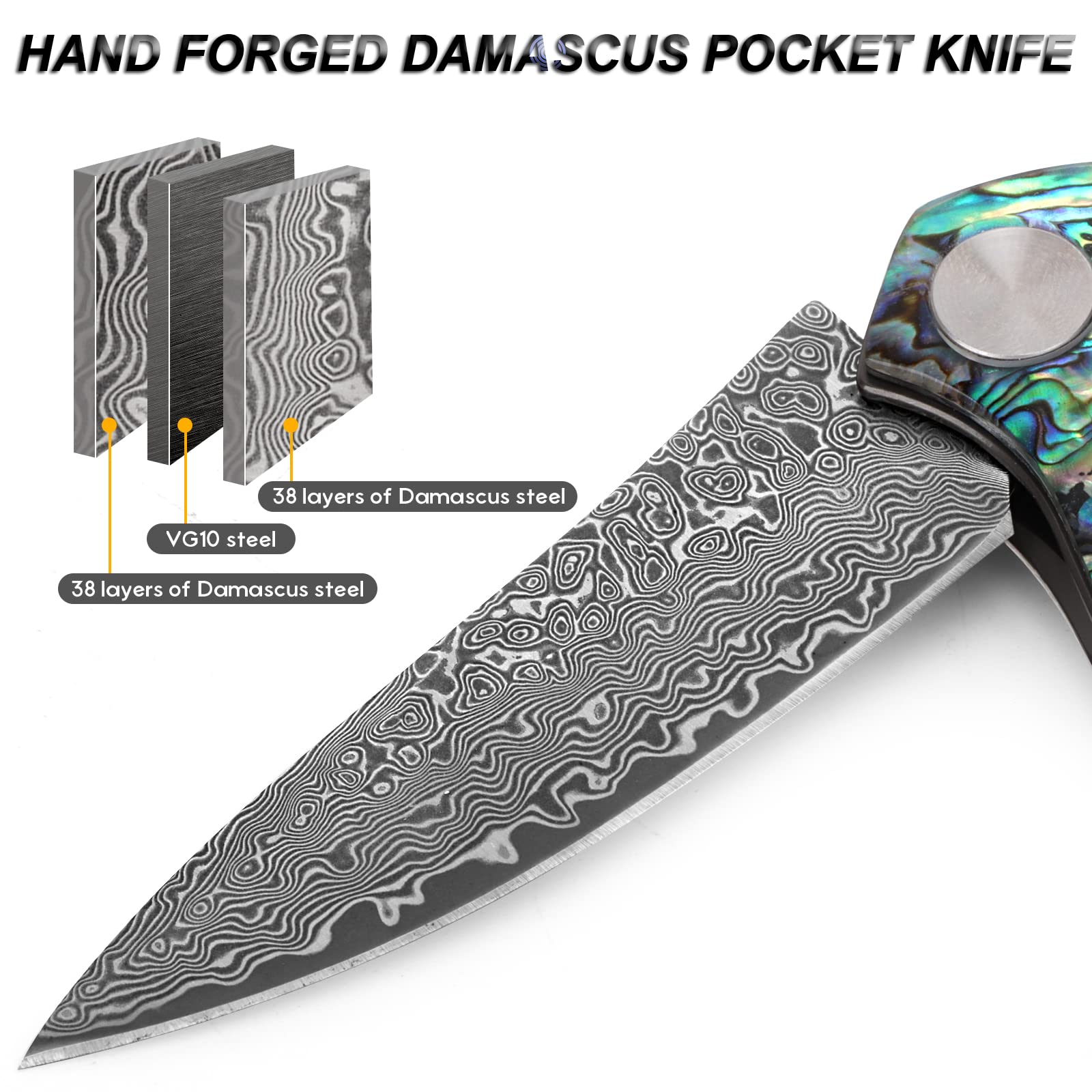 Benkey VG10 Damascus Abalone Seashells Pocket Knife and VG10 Damascus Camping Pocket Knife Bundles