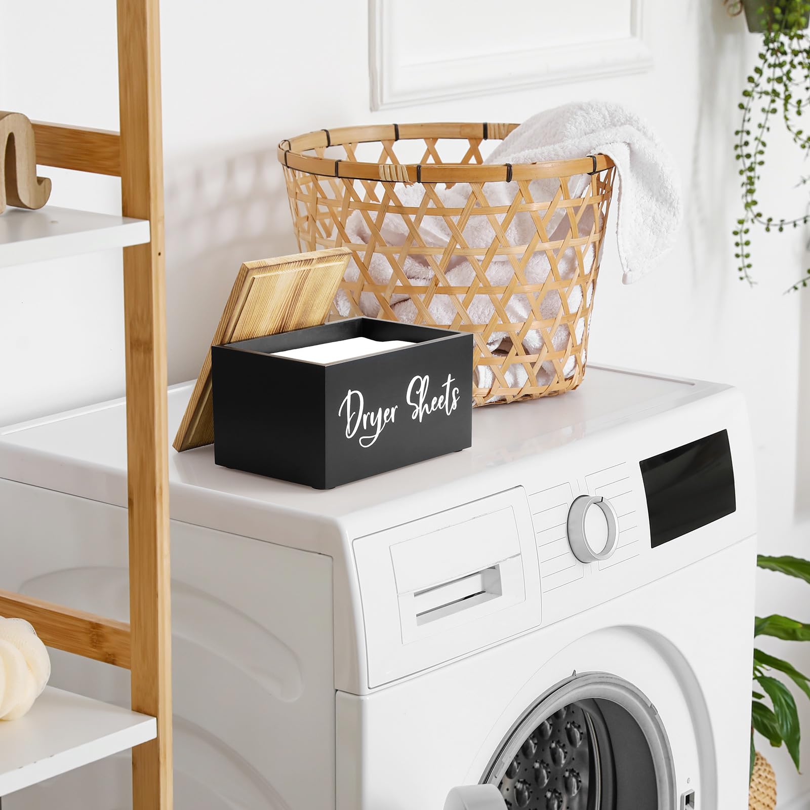 Dryer Sheet Holder, Wooden Laundry Sheets Container, Laundry Room Organization and Storage for Farmhouse Laundry Room Decor and Accessories, Fabric Softener Dispenser, Black