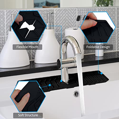 DIVIVID Silicone Faucet Handle Drip Catcher Tray, Faucet Mat for Kitchen Sink Splash Guard Behind Faucet for or Bathroom Farmhouse Bar Countertop RV(Black), 14.6x5.9x0.2