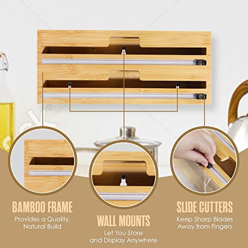 Plastic Wrap Dispenser with Cutter, Aluminum Foil Organizer, Two in One Roll Holder, 13.5"x5.75"x3", Wooden, Bamboo, Reusable, Saran Wrapper Dock, Wax Paper Dispensers for Kitchen Drawer | Houseables