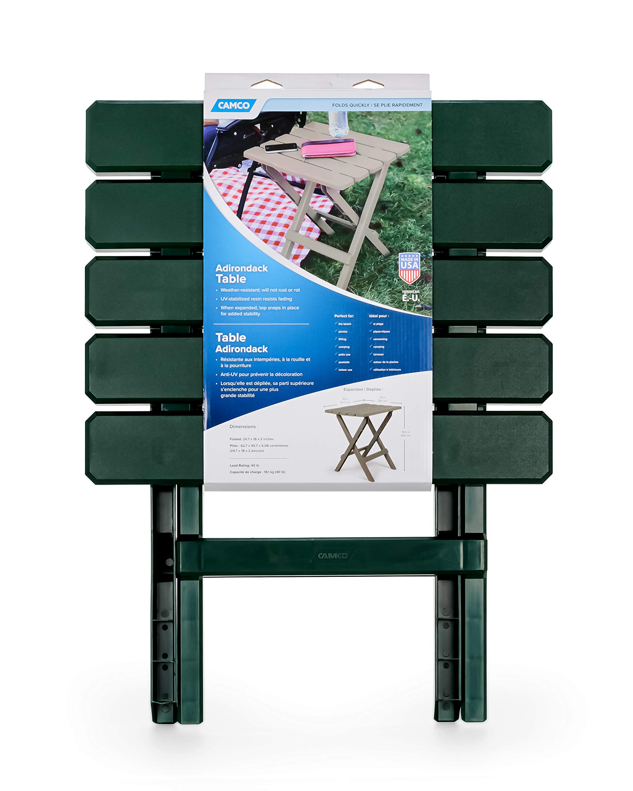 Camco Large Adirondack Portable Outdoor Folding Side Table - Perfect for The Beach, Camping, Picnics, Cookouts and More - Weatherproof and Rust Resistant - Green (21037)