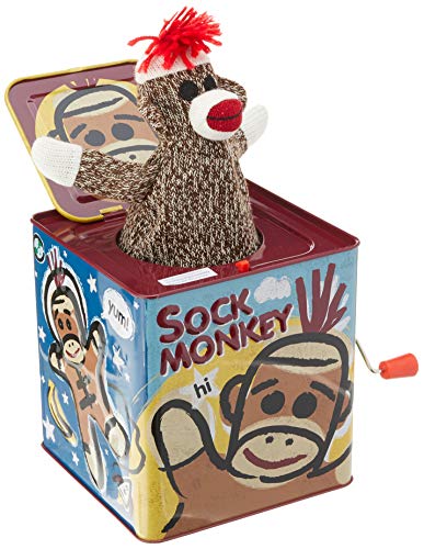 Sock Money Jack in the Box - Timeless Children's Musical Toy - Colorful Embossed Tin Box and Classic Sock Monkey Design - Age 18 months and Up