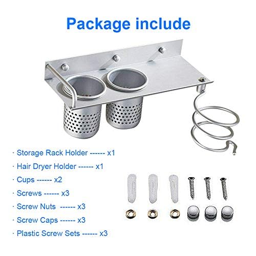 Hair Dryer Holder Wall Mount, Toothbrush Hairdryer Holder Organizer Storage Handing Rack, Upgrade Special Aluminum, Bathroom Hanging Rack Organizer with 2 Cups
