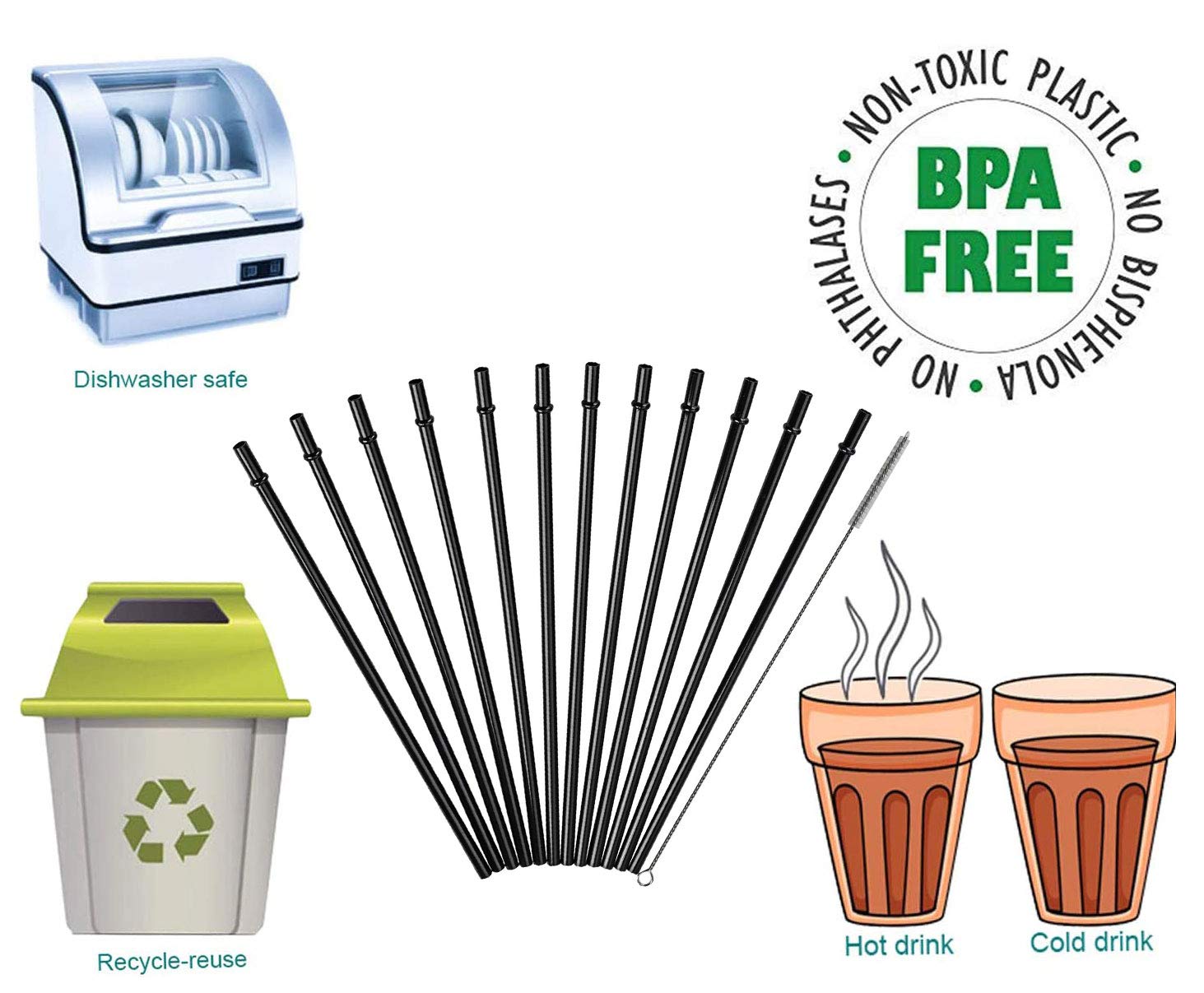 DAKOUFISH 6 Inch 7 Inch 8 Inch 9 Inch 10 Inch 11 Inch Black Reusable Plastic Drinking Straws for 6oz-40oz Jars/Tumblers,Dishwasher safe,12Pcs With One Cleaning Brush (Black straws,Mix size)
