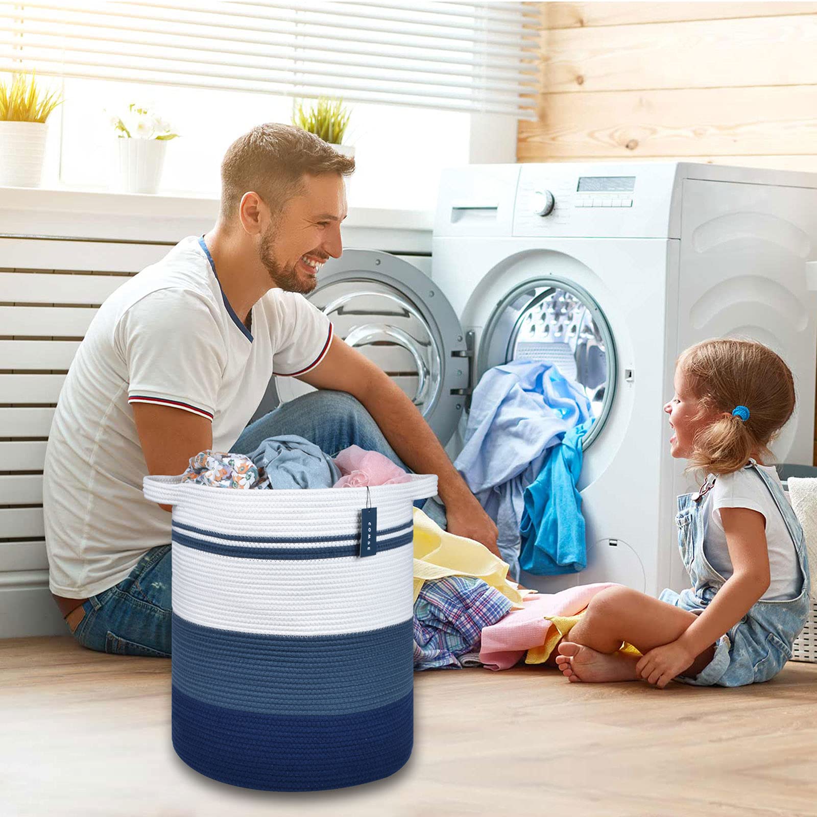 COMSE Extra Large Blanket Basket, High Storage Basket, Tall Rope Laundry Basket, 15.7βx 21.7β, XXXL Cotton Rope Basket, Woven Laundry Basket, Toy Basket, Clothes Baskets,Woven Basket,Gradient Blue