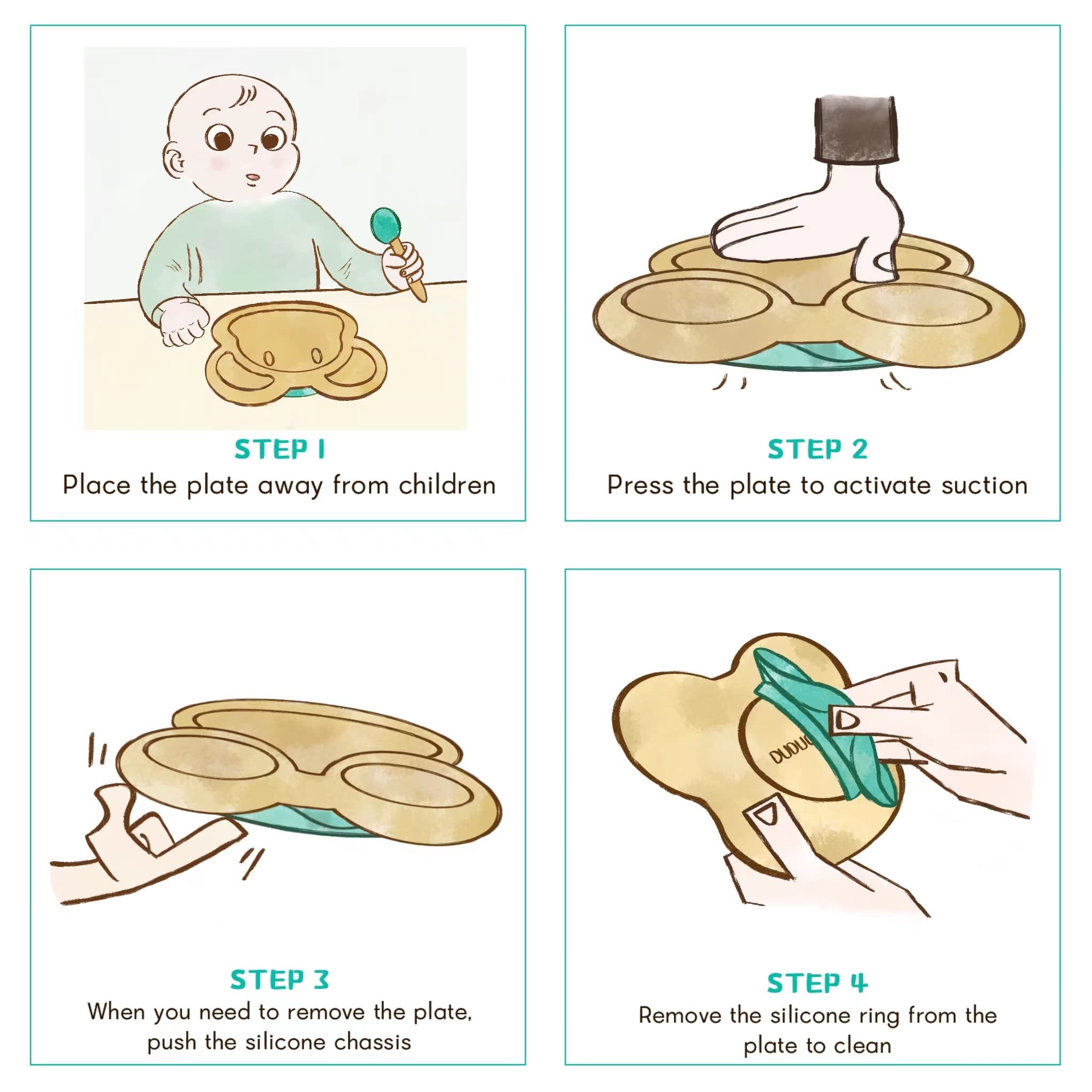 DUDUGWA Bamboo Baby Plates, Bamboo Suction Plates for Babies, Removable Silicone Suction Cup for Kids and Toddlers with Spoon, 6 Months and Older,Bear Plates