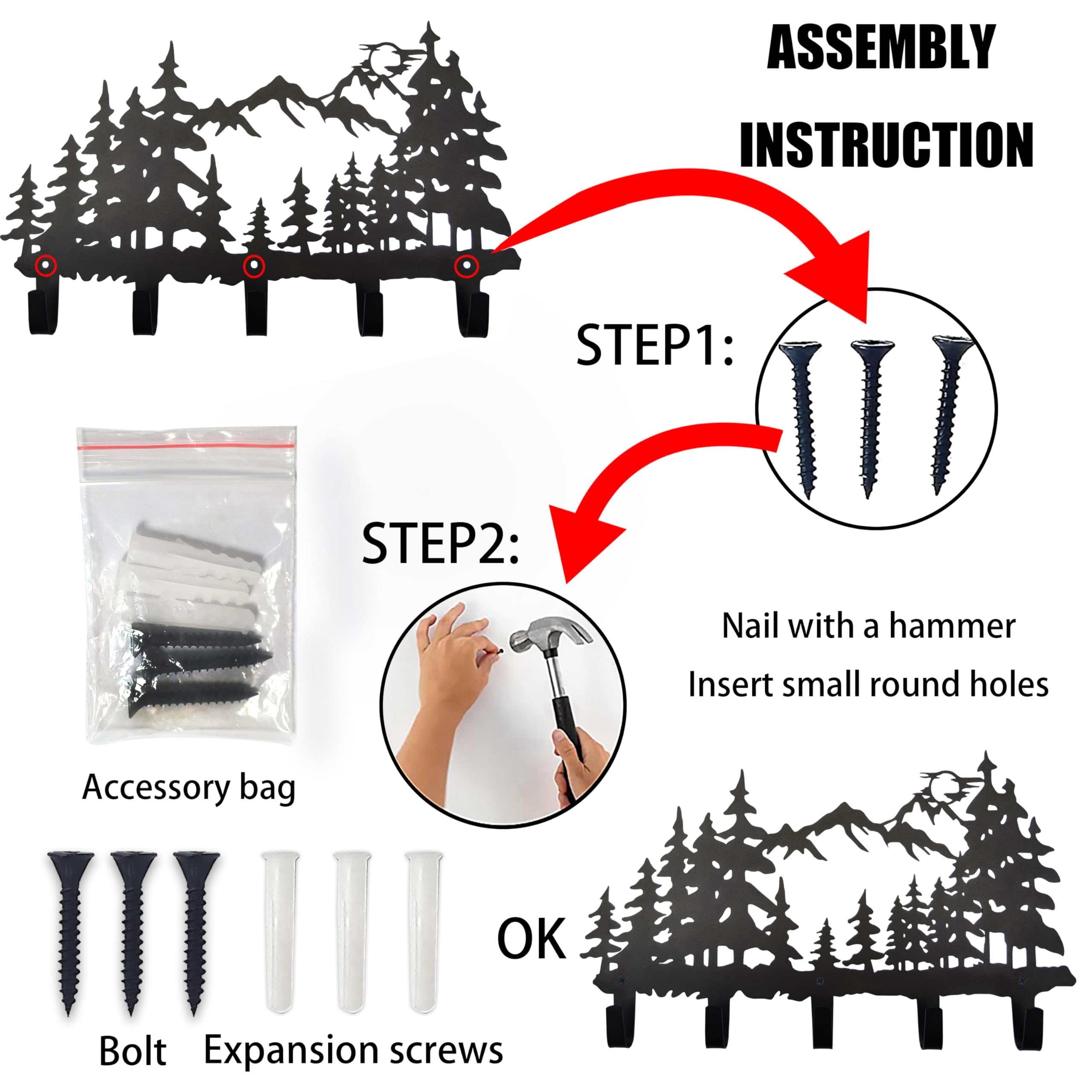 VIVICOMFY Metal Tree Coat Hooks Wall Art Decor-Tree Hangers and Key Holder-Clothes Rack and Backpack Hanger-Forest Theme Hooks Sweet Home Decor for Storage, Living Room, Hallway, Office (Black)