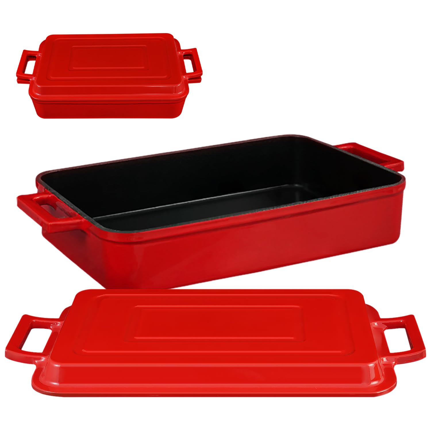 Flavehc Cast Iron Casserole Dish with Skillet Lid 9"x13" Rectangle Casserole Dishes for Oven Cast Iron Baking Dish Cast Iron Lasagna Pan Lasagna Baking Dish Red